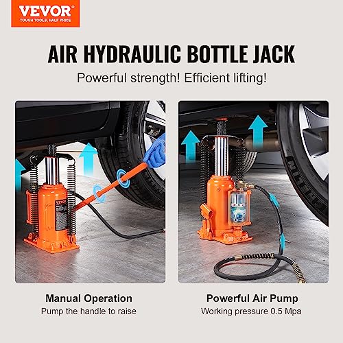 VEVOR Air Hydraulic Bottle Jack, 20 Ton/44,092 LBS All Welded Bottle Jack, 10.4-19.7 inch Lifting Range, Manual Handle and Air Pump, for Car, Pickup, Truck, RV, Auto Repair, Industrial Engineering