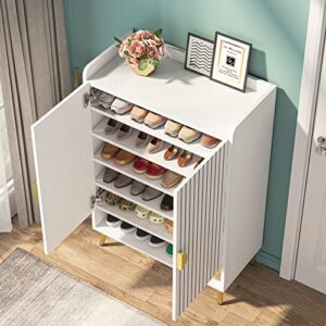 Tribesigns Shoe Cabinet with Doors, 7-Tier Shoe Storage Cabinet with Adjustable Shelves, Wooden Shoes Rack Shoe Storage Organizer for Entryway, Hallway, Closet, Living Room, Gold White