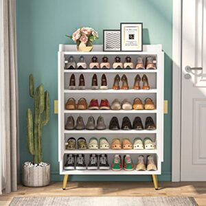 Tribesigns Shoe Cabinet with Doors, 7-Tier Shoe Storage Cabinet with Adjustable Shelves, Wooden Shoes Rack Shoe Storage Organizer for Entryway, Hallway, Closet, Living Room, Gold White