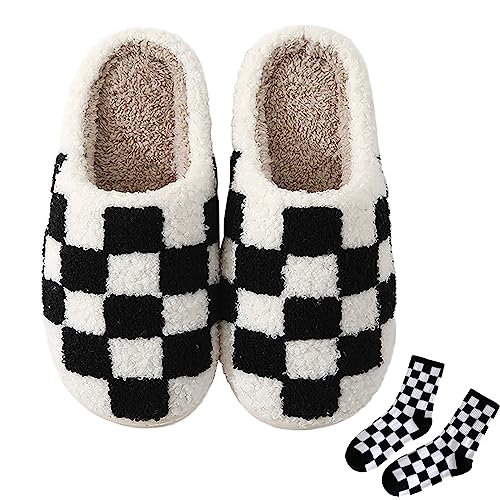 Irisgirl Checkered Slippers For Women Men Fashion Fuzzy Slippers Winter Cozy Soft For Indoor Outdoor Slippers