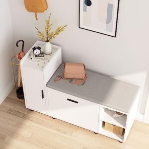 Maupvit Shoe Storage Bench with Flip Drawer Shoe Cabinet, 8 Height Adjustable Metal Feet Shoe Bench, Entryway Bench with Removable Seat Cushion, Narrow Shoe Rack Shoe Cabinet for Entryway Slim, White