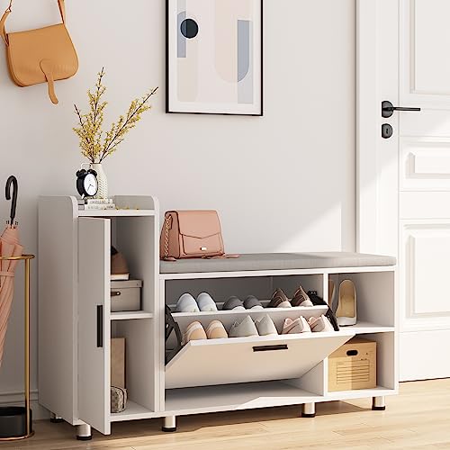 Maupvit Shoe Storage Bench with Flip Drawer Shoe Cabinet, 8 Height Adjustable Metal Feet Shoe Bench, Entryway Bench with Removable Seat Cushion, Narrow Shoe Rack Shoe Cabinet for Entryway Slim, White