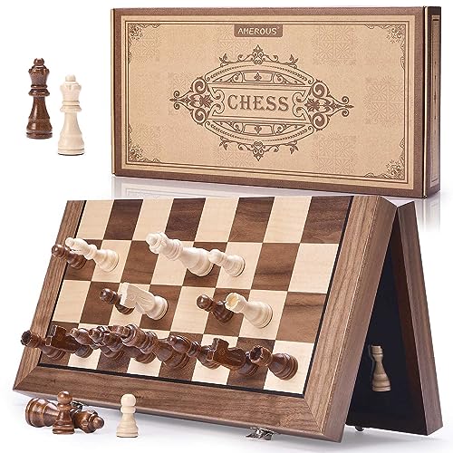 AMEROUS 15 Inches Magnetic Wooden Chess Set with 2 Extra Queens/Folding Board/Chess Pieces Storage Slots/Instructions, Portable Travel Chess Game for Beginner/Classic Board Game