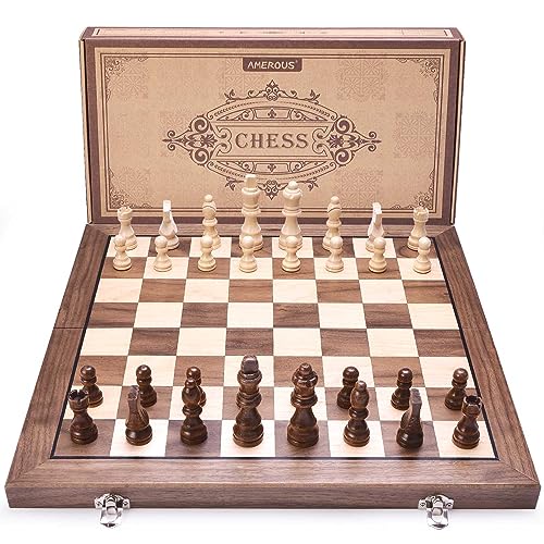 AMEROUS 15 Inches Magnetic Wooden Chess Set with 2 Extra Queens/Folding Board/Chess Pieces Storage Slots/Instructions, Portable Travel Chess Game for Beginner/Classic Board Game