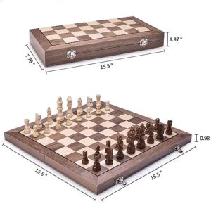 AMEROUS 15 Inches Magnetic Wooden Chess Set with 2 Extra Queens/Folding Board/Chess Pieces Storage Slots/Instructions, Portable Travel Chess Game for Beginner/Classic Board Game