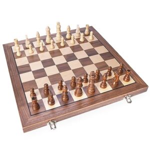 AMEROUS 15 Inches Magnetic Wooden Chess Set with 2 Extra Queens/Folding Board/Chess Pieces Storage Slots/Instructions, Portable Travel Chess Game for Beginner/Classic Board Game