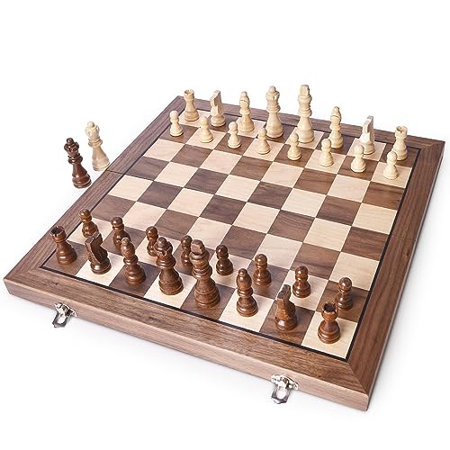 AMEROUS 15 Inches Magnetic Wooden Chess Set with 2 Extra Queens/Folding Board/Chess Pieces Storage Slots/Instructions, Portable Travel Chess Game for Beginner/Classic Board Game