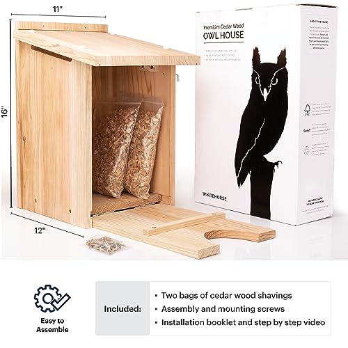 WHITEHORSE Large Cedar Owl House - Premium and Weatherproof Design - 16" x 12" x 11" - A Nesting Box for Screech Owls, Northern Pygmy, Kestrel and Other Species