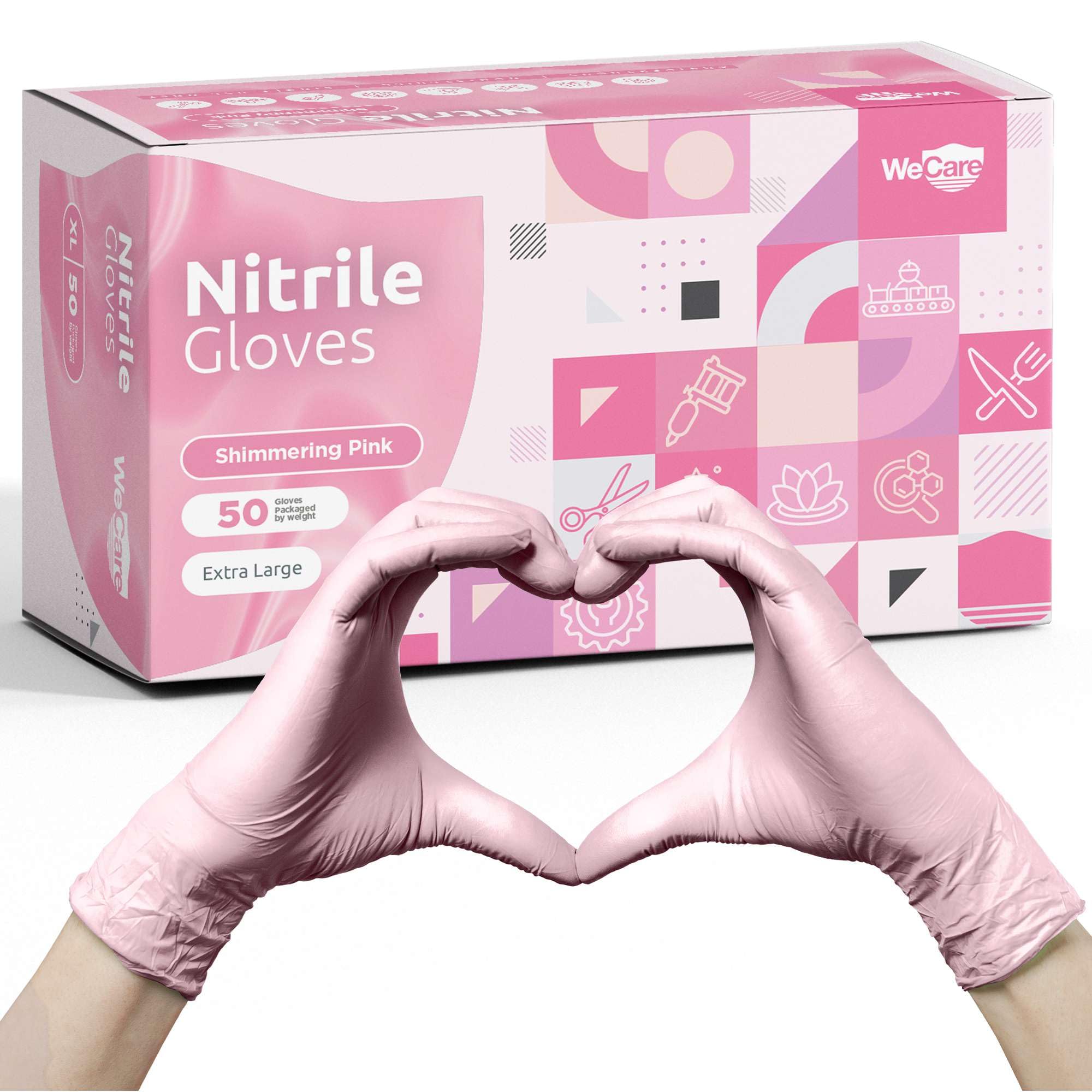 WECARE Pink Disposable Nitrile Gloves Medium - 50 Pack - 3 Mil - Powder and Latex Free - Non-Sterile - Food Safe Gloves