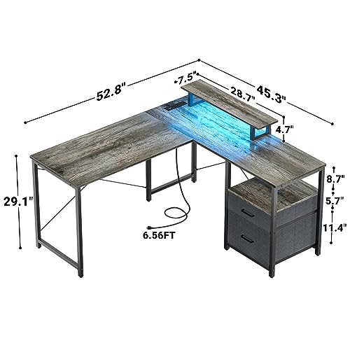 Homieasy L Shaped Computer Desk with Storage File Drawer, Reversible Home Office Desk with Recessed Power Strip and Led Strip, Corner Gaming Desk Work Study Table with Monitor Stand, Black Oak