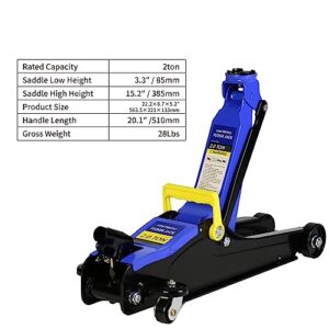 Pvillez Floor Jack/Hydraulic Trolley Service, 2 Ton(4000lbs) Low Profile Floor Jack, Heavy-Duty Steel Racing Floor Jack with Single Piston Quick Lift Pump, Floor Jack Lifting Range 3.3"-15.2" (2T)