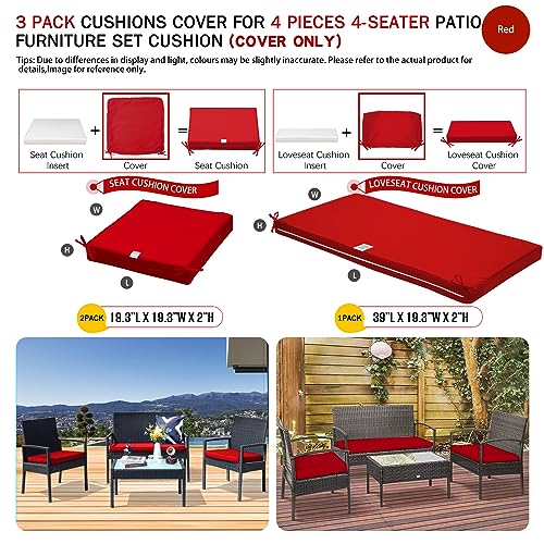 3 Pack Outdoor Cushions Replacement Covers Fit for 4 Pieces Wicker Rattan Patio Conversation Set Loveseat Chairs Sofa Furniture,Splashproof Fadeless,39x19.3x2,19.3x19.3x2,Red-Not Filler