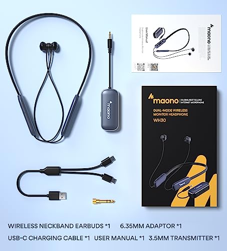 MAONO Wireless Neckband Headphones, WH30 Semi-in-Ear Monitor Earbuds with 3.5MM Transmitter, Dual Mode 2.4G/BT 5.3 Stable Wireless Transmission Light Weight 12Hrs Playtime