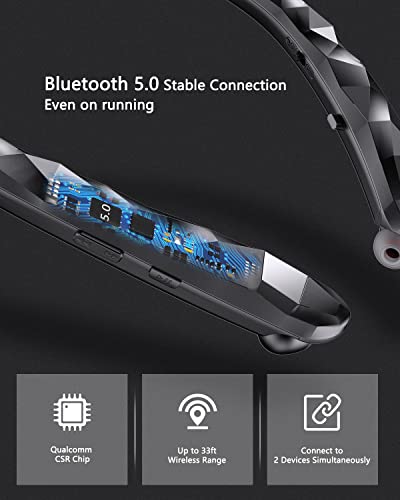 Bluetooth Headphones, Wireless Neckband Headset with Retractable Earbuds, Stereo Earphones w/Noise Canceling Mic for Conferences, Work Out, Travel, Compatible with Android iPhone