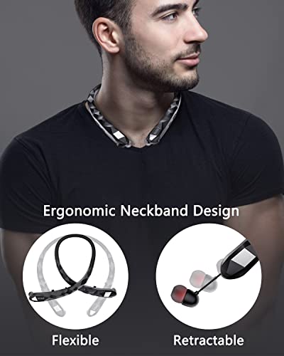 Bluetooth Headphones, Wireless Neckband Headset with Retractable Earbuds, Stereo Earphones w/Noise Canceling Mic for Conferences, Work Out, Travel, Compatible with Android iPhone