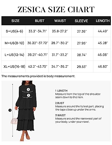 ZESICA Women's 2023 Long Sleeve Crew Neck Ruffle Tiered Layered Chiffon Flowy Swing Long Midi Dress,Black,Large