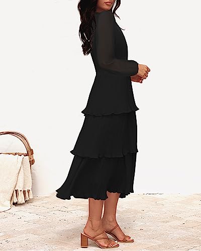 ZESICA Women's 2023 Long Sleeve Crew Neck Ruffle Tiered Layered Chiffon Flowy Swing Long Midi Dress,Black,Large