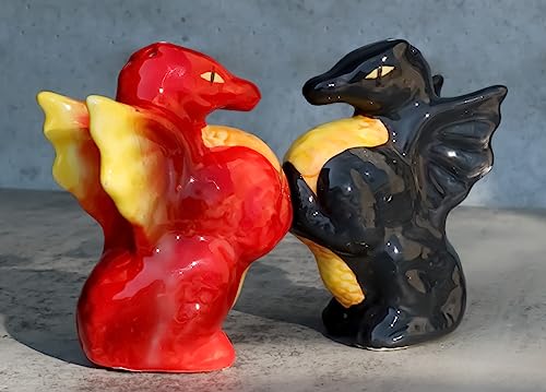 Ebros Gift Red Fire And Black Smoke Dueling Dragons Couple Ceramic Salt Pepper Shakers Set Figurines As Fantasy Mythical Magic Dungeons And Dragon Gothic Accent Decor