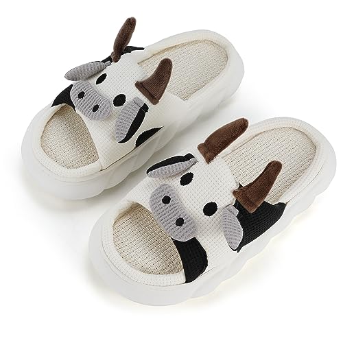 Koazilki Cow Slippers for Women Men Fuzzy Cute Cartoon House Shoes Warm Cozy Animal Fluffy Kawaie Indoor Outdoor Fun Slides US7.5-8.5