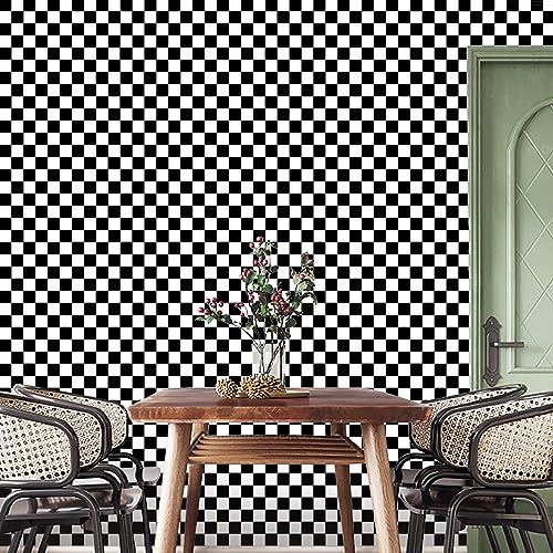 Nourilife Black and White Wallpaper Mosaic Peel and Stick Wallpaper Checkerboard Geometric Wallpaper Bathroom Living Room and More renovate Removable Wall Paper 17.7"*120" PVC self Stick Wallpaper