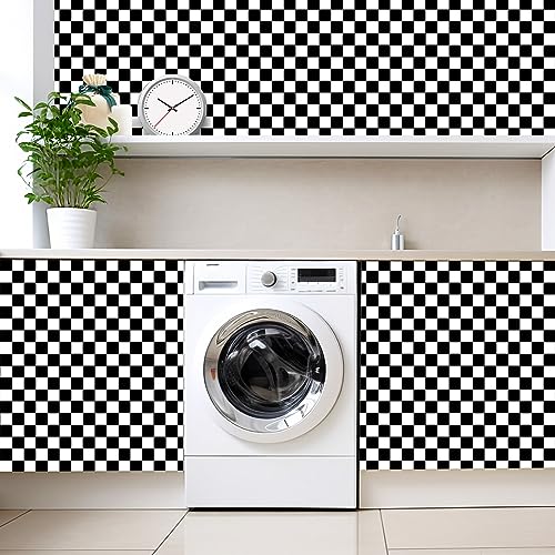 Nourilife Black and White Wallpaper Mosaic Peel and Stick Wallpaper Checkerboard Geometric Wallpaper Bathroom Living Room and More renovate Removable Wall Paper 17.7"*120" PVC self Stick Wallpaper