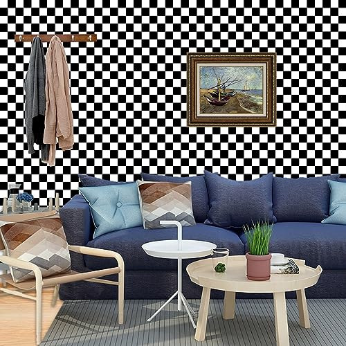 Nourilife Black and White Wallpaper Mosaic Peel and Stick Wallpaper Checkerboard Geometric Wallpaper Bathroom Living Room and More renovate Removable Wall Paper 17.7"*120" PVC self Stick Wallpaper