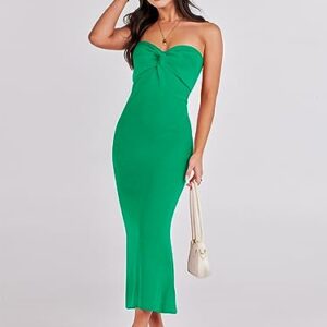 ANRABESS Wedding Guest Dress for Women Sexy Bodycon Sleeveless Strapless Twist Knot Front Ribbed Knit Midi Sweater Cocktail Semi Formal Dresses 2023 Fashion B1147qiancaolv-S