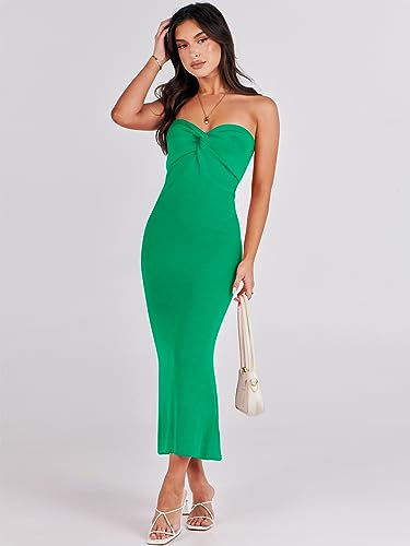 ANRABESS Wedding Guest Dress for Women Sexy Bodycon Sleeveless Strapless Twist Knot Front Ribbed Knit Midi Sweater Cocktail Semi Formal Dresses 2023 Fashion B1147qiancaolv-S