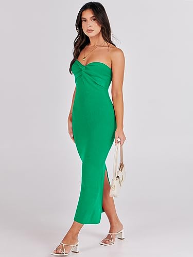 ANRABESS Wedding Guest Dress for Women Sexy Bodycon Sleeveless Strapless Twist Knot Front Ribbed Knit Midi Sweater Cocktail Semi Formal Dresses 2023 Fashion B1147qiancaolv-S