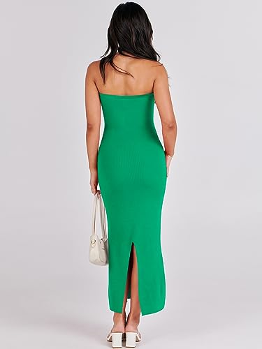 ANRABESS Wedding Guest Dress for Women Sexy Bodycon Sleeveless Strapless Twist Knot Front Ribbed Knit Midi Sweater Cocktail Semi Formal Dresses 2023 Fashion B1147qiancaolv-S