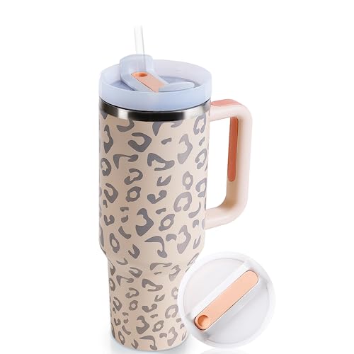 Oserlo 40 oz Tumbler Leopard Bottle Travel Mug with Handle and Straw Lid Double Layer Reusable Insulated Vacuum Cup Stainless Steel Travel Tumbler Mug for Hot and Cold Beverages, Dishwasher Safe