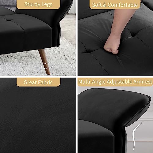 Shintenchi Futon Sofa Bed Modern Folding Sleeper Couch Bed for Living Room,Velvet Loveseat Sofa Couch Sofa cama for Apartments Office Small Spaces,w/Adjustable Armrests Backrest,Black