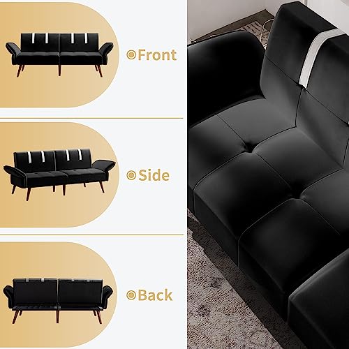 Shintenchi Futon Sofa Bed Modern Folding Sleeper Couch Bed for Living Room,Velvet Loveseat Sofa Couch Sofa cama for Apartments Office Small Spaces,w/Adjustable Armrests Backrest,Black