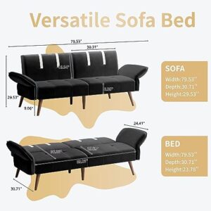 Shintenchi Futon Sofa Bed Modern Folding Sleeper Couch Bed for Living Room,Velvet Loveseat Sofa Couch Sofa cama for Apartments Office Small Spaces,w/Adjustable Armrests Backrest,Black