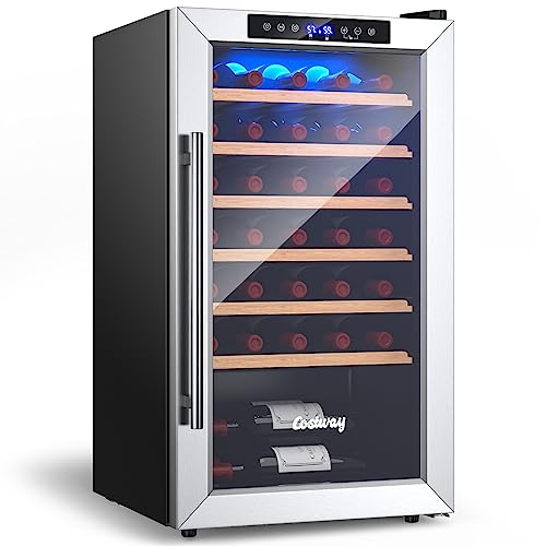 COSTWAY 20 Inch Wine Cooler, 33 Bottles Wine Refrigerator with 2-Layer Tempered Glass Door & Dual Alarm Function, 41-61.5°F Temp Control, Built-In or Freestanding Mini Wine Fridge