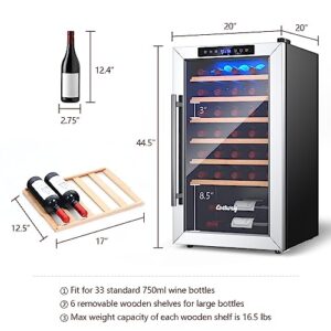 COSTWAY 20 Inch Wine Cooler, 33 Bottles Wine Refrigerator with 2-Layer Tempered Glass Door & Dual Alarm Function, 41-61.5°F Temp Control, Built-In or Freestanding Mini Wine Fridge