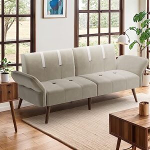 Shintenchi Futon Sofa Bed Modern Folding Sleeper Couch Bed for Living Room,Velvet Loveseat Sofa Couch Sofa Cama for Apartments Office Small Spaces,w/Adjustable Armrests Backrest,White