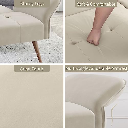 Shintenchi Futon Sofa Bed Modern Folding Sleeper Couch Bed for Living Room,Velvet Loveseat Sofa Couch Sofa Cama for Apartments Office Small Spaces,w/Adjustable Armrests Backrest,White