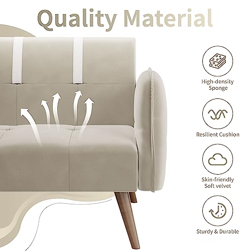 Shintenchi Futon Sofa Bed Modern Folding Sleeper Couch Bed for Living Room,Velvet Loveseat Sofa Couch Sofa Cama for Apartments Office Small Spaces,w/Adjustable Armrests Backrest,White