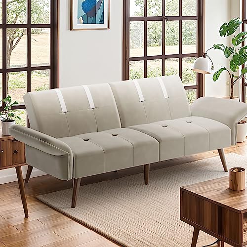 Shintenchi Futon Sofa Bed Modern Folding Sleeper Couch Bed for Living Room,Velvet Loveseat Sofa Couch Sofa Cama for Apartments Office Small Spaces,w/Adjustable Armrests Backrest,White