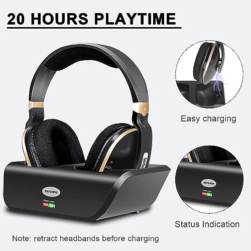 Daysnew Wireless Headphones for TV with 2.4G RF Transmitter charging Dock, 100FT Range, Plug and Play, High Volume TV headphones wireless for seniors, 20Hrs Playtime, No Delay, Support Optical/RCA/AUX