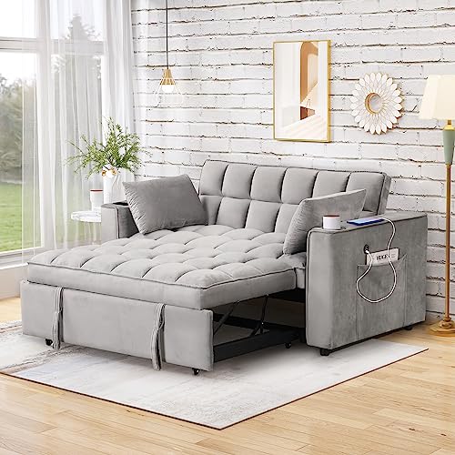 Eafurn 4 in 1 Convertible Sleeper Sofa Bed, Modern Velvet Loveseat w/Pull Out Couch, 55.3" Love Seat Lounge Sofa & Couch w/Reclining Backrest, Cup Holders and USB Port,RV Furniture for Small Place