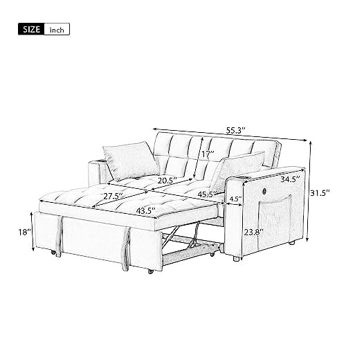 Eafurn 4 in 1 Convertible Sleeper Sofa Bed, Modern Velvet Loveseat w/Pull Out Couch, 55.3" Love Seat Lounge Sofa & Couch w/Reclining Backrest, Cup Holders and USB Port,RV Furniture for Small Place