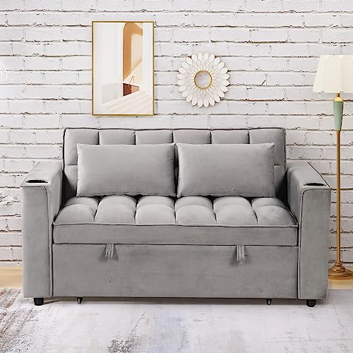 Eafurn 4 in 1 Convertible Sleeper Sofa Bed, Modern Velvet Loveseat w/Pull Out Couch, 55.3" Love Seat Lounge Sofa & Couch w/Reclining Backrest, Cup Holders and USB Port,RV Furniture for Small Place