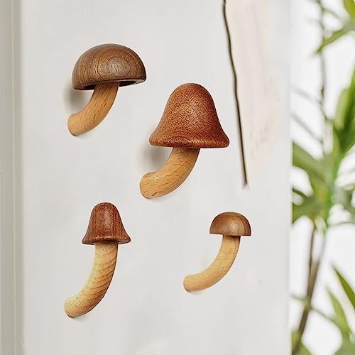 OLizee® 4 Pack Magnetic Wood Mushroom Refrigerator Magnets Fridge Magnets Decor Decorative Fridge Magnet Ornament for Fridge Whiteboard