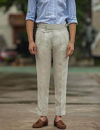 Snoly Men's Summer Retro Lightweight Linen Gurkha Trousers Tapered Leg Straight Flat Front Chino Pant (as1, Alpha, l, Regular, Regular, Beige, Regular)