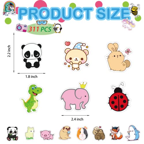 310 Pcs Cute Animal Stickers for Kids, Water Bottle Food Stickers Waterproof Vinyl Phone Skateboard Laptop Stickers, Aesthetic Sticker Packs for Boys Girls Teens