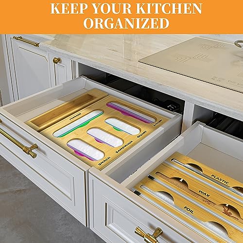 Alicenize 9 IN 1 Ziplock Bag Storage Organizer for Kitchen Drawer and Plastic Wrap Dispenser with Cutter | Bamboo Foil and Plastic Wrap Organizer | Compatible with a variety size of storage bags