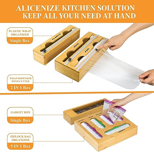 Alicenize 9 IN 1 Ziplock Bag Storage Organizer for Kitchen Drawer and Plastic Wrap Dispenser with Cutter | Bamboo Foil and Plastic Wrap Organizer | Compatible with a variety size of storage bags