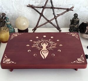 altar table, meditation table, small altar table, wooden witch altar, wiccan alter table, buddhist shrine, engraved spiral goddess on table top, 12 × 8 inches